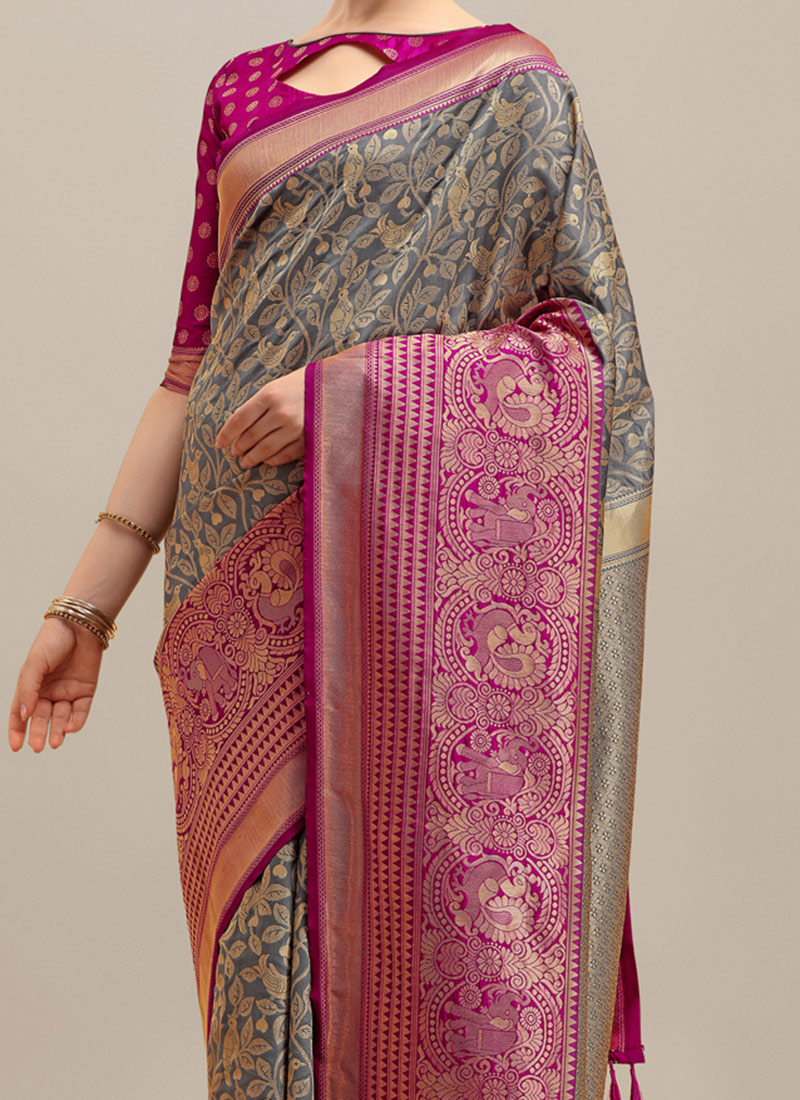 Buy Grey Floral Banarasi Jacquard Silk Zari Woven Saree Festive Wear ...
