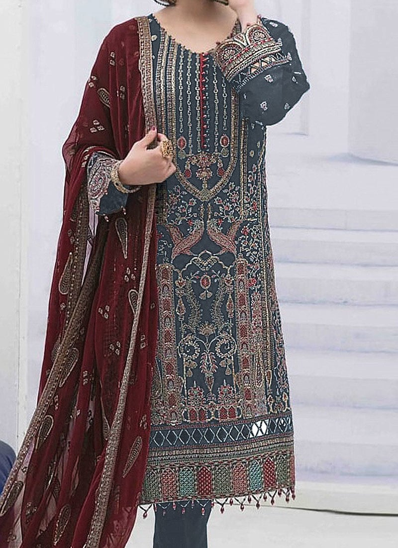 Shop Grey Georgette Embroidered Work Straight Pant Suit Party Wear ...