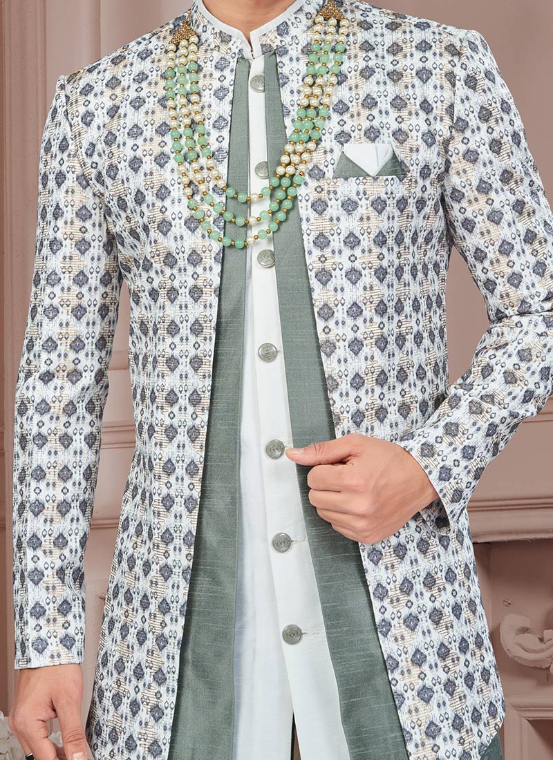 Buy Grey Jacquard Banarasi Silk Digital Print Thread Work ndowestern ...