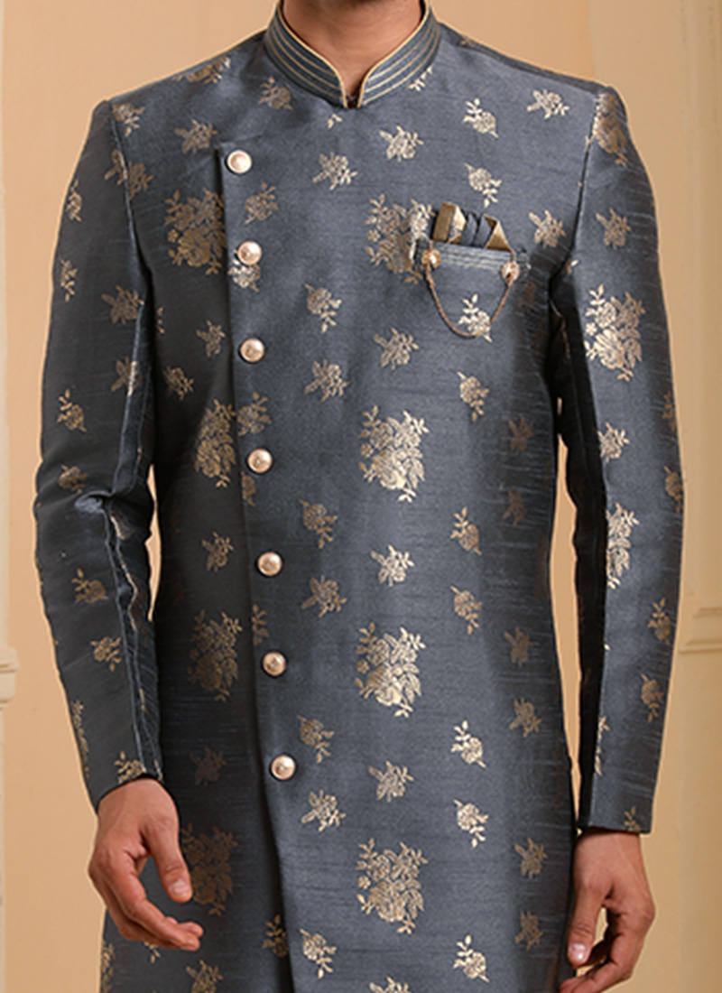 Shop Grey Jacquard Silk Brocade Indowestern Sherwani Party Wear Online ...
