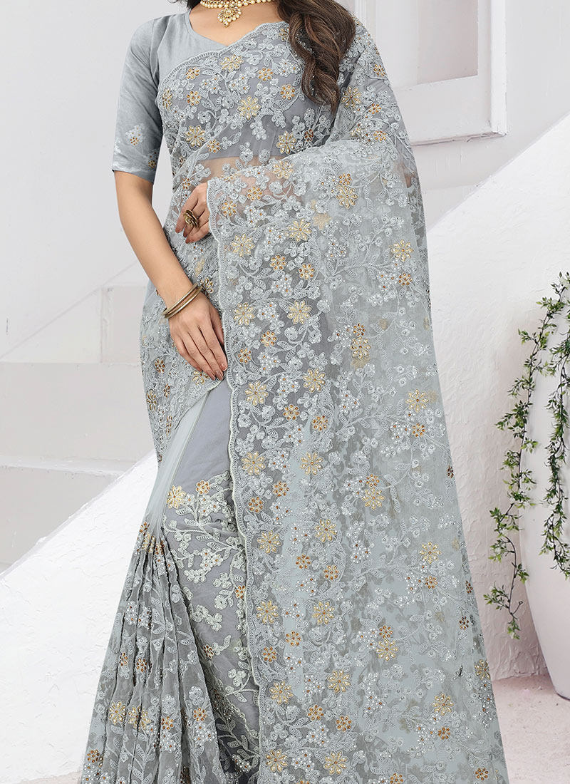 Shop Grey Net Embroidered Saree Party Wear Online at Best Price | Cbazaar