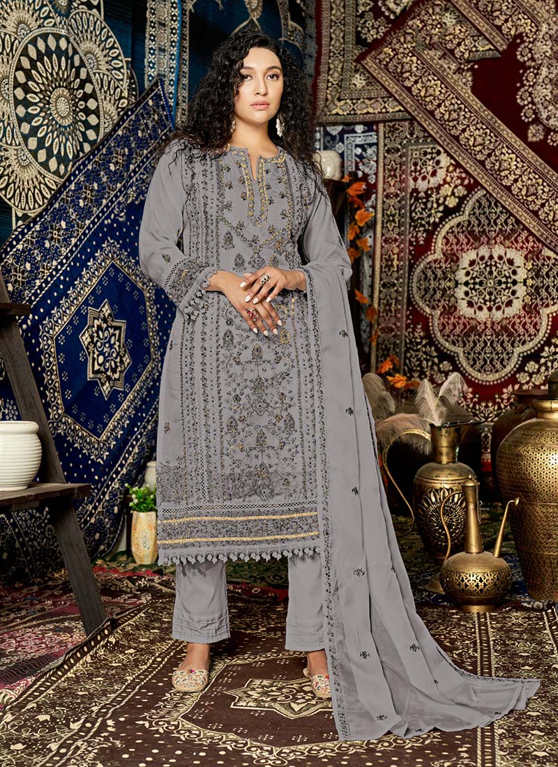 Buy Grey Organza Beads Zari Sequins Hand Work Pakistani Straight Pant ...