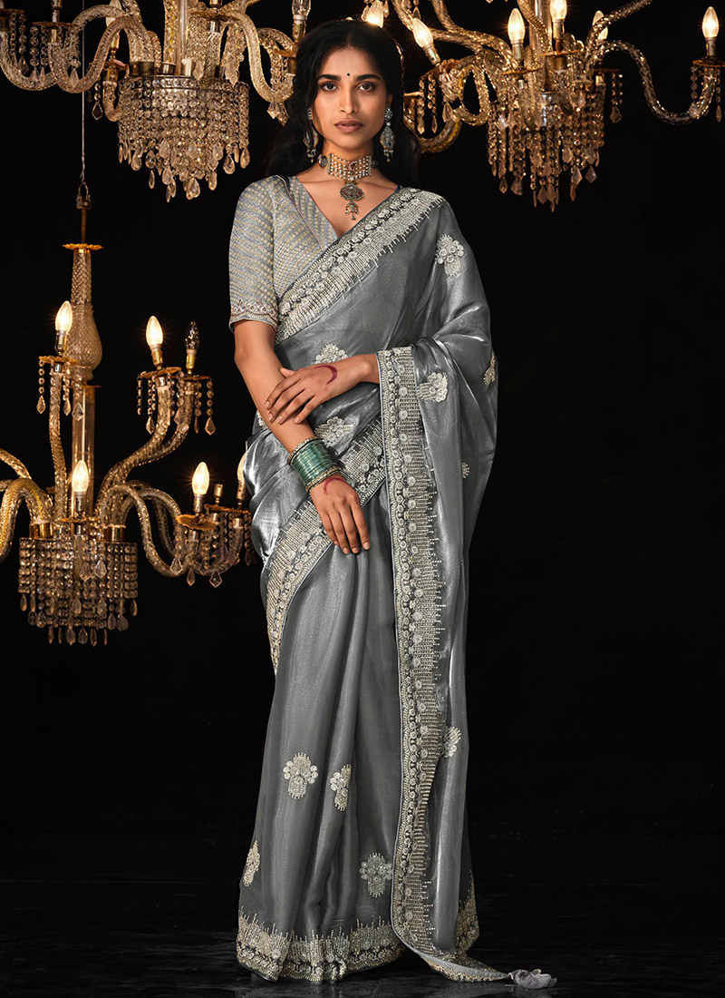 Shop Grey Silk Border Saree Embossed With Embroidery And Sequins Party ...