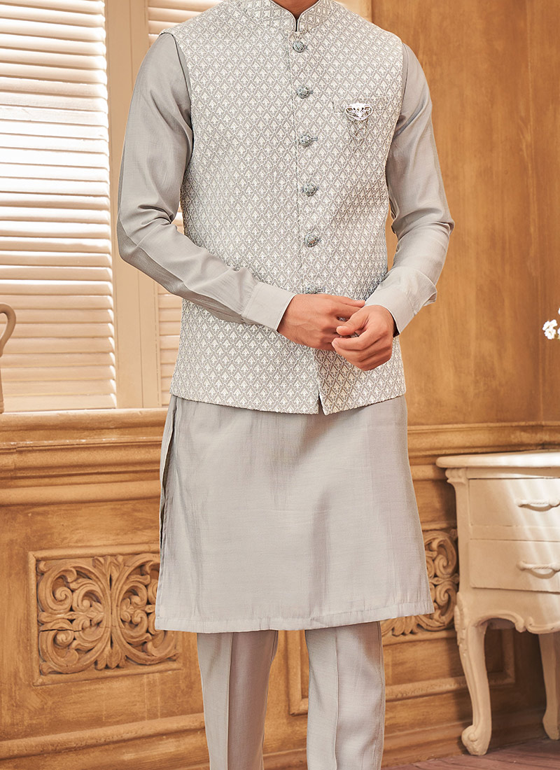 Buy Grey Silk Embroidered Bandi Set Festive Wear Online at Best Price ...