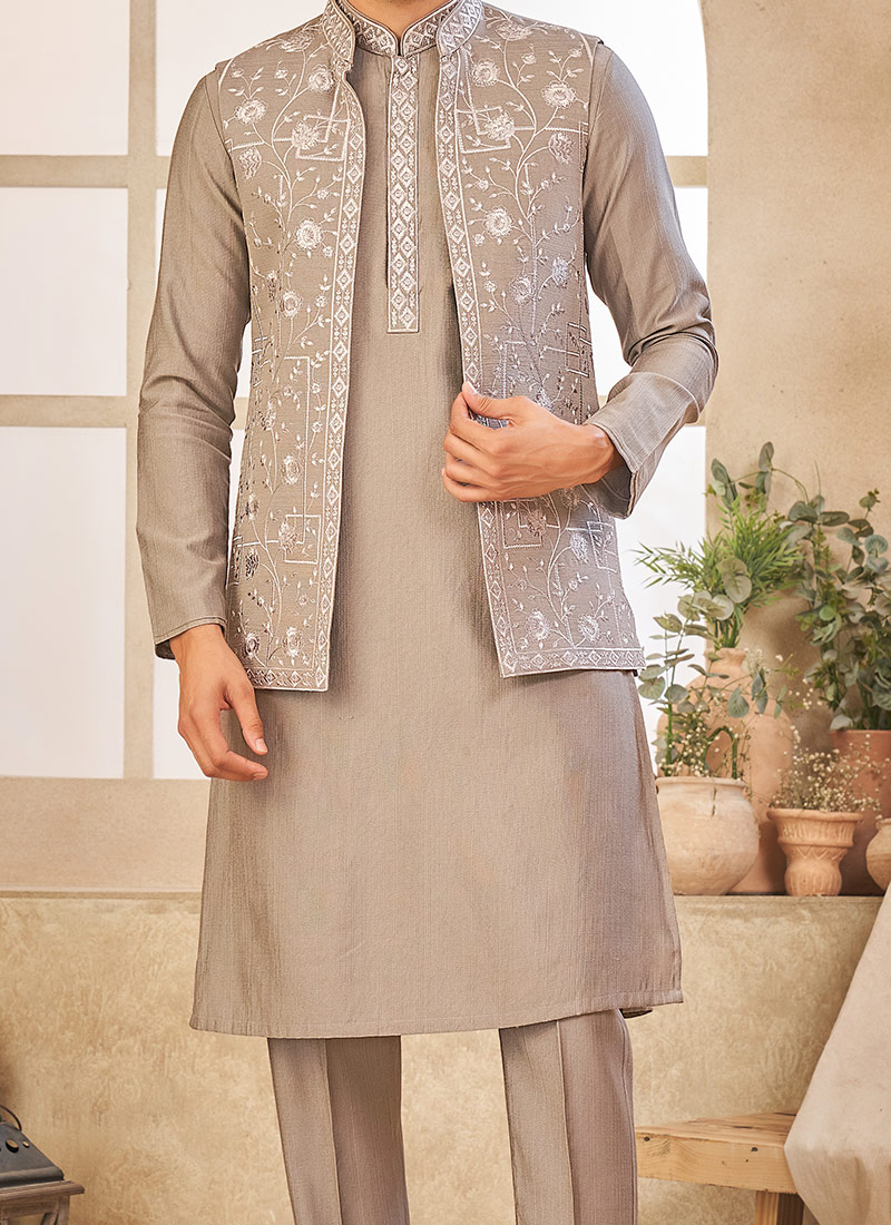 Buy Grey Silk Embroidered Bandi Set Festive Wear Online at Best Price ...