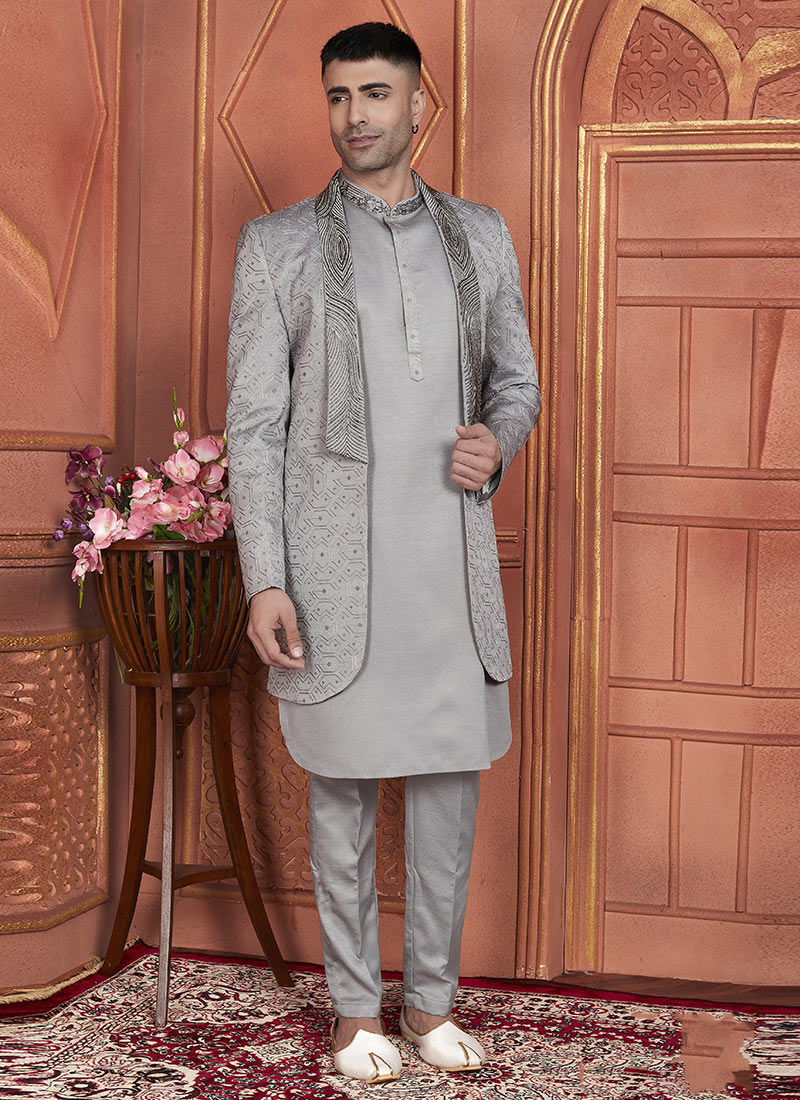 Buy Grey Silk Embroidered Indowestern Sherwani Pakistani Style Wedding ...