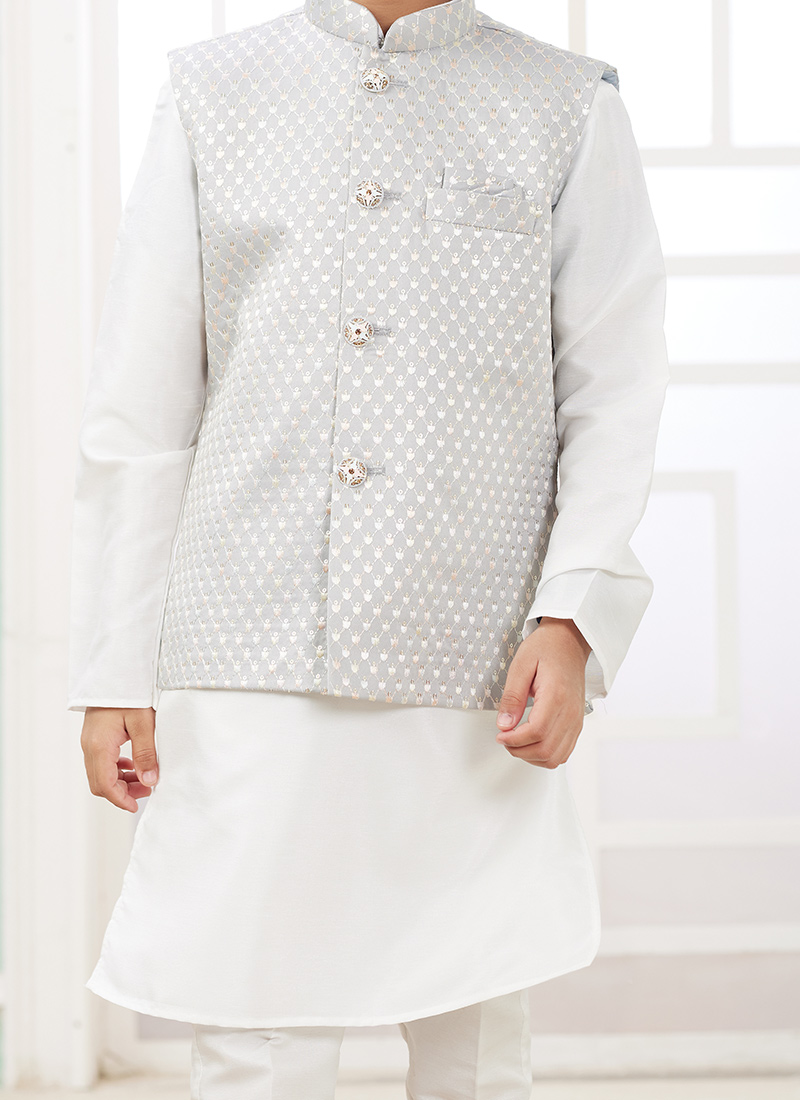 Buy Grey Silk Embroidered Sequins Kids Boys Bandi Set Festive Wear ...