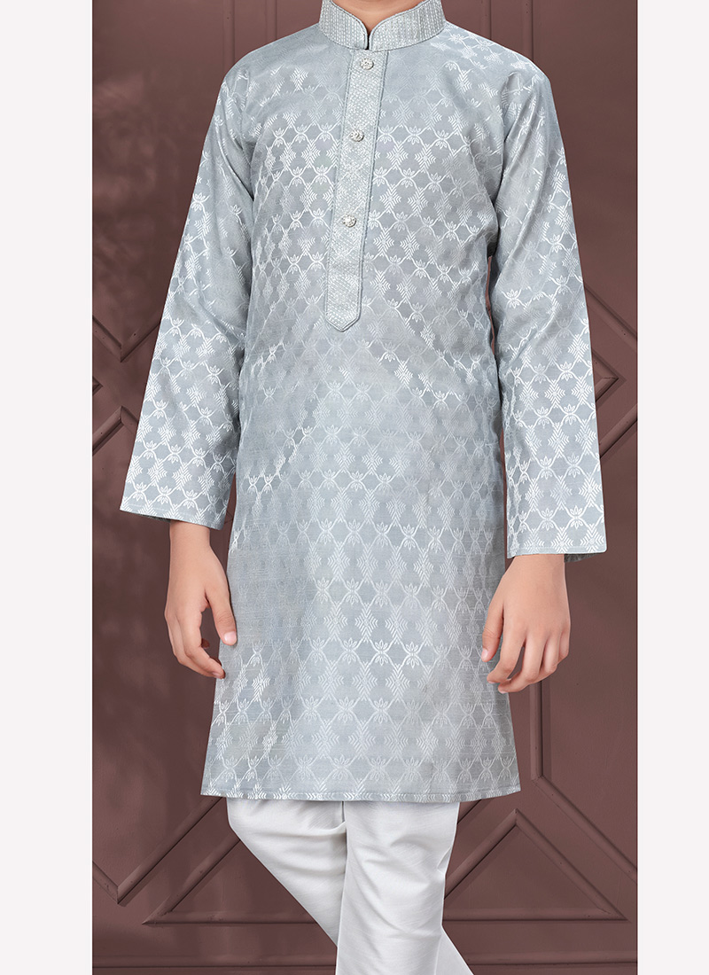Buy Grey Silk Jacquard Kids Boys Kurta Pyjama Festive Wear Online at ...