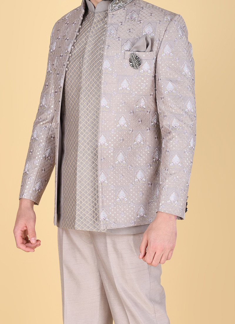 Shop Grey Silk Thread Cutdana Hand Embroidered Jodhpuri Suit Wedding Wear in India - Cbazaar