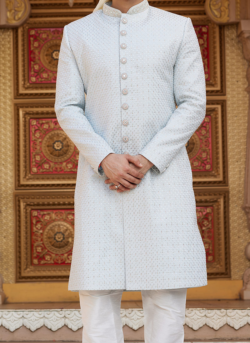 Shop Grey Silk Thread Hand Embroidered Classic Sherwani Wedding Wear in ...