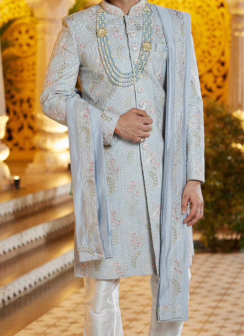Shop Grey Silk Thread Hand Embroidered Classic Sherwani Wedding Wear in ...