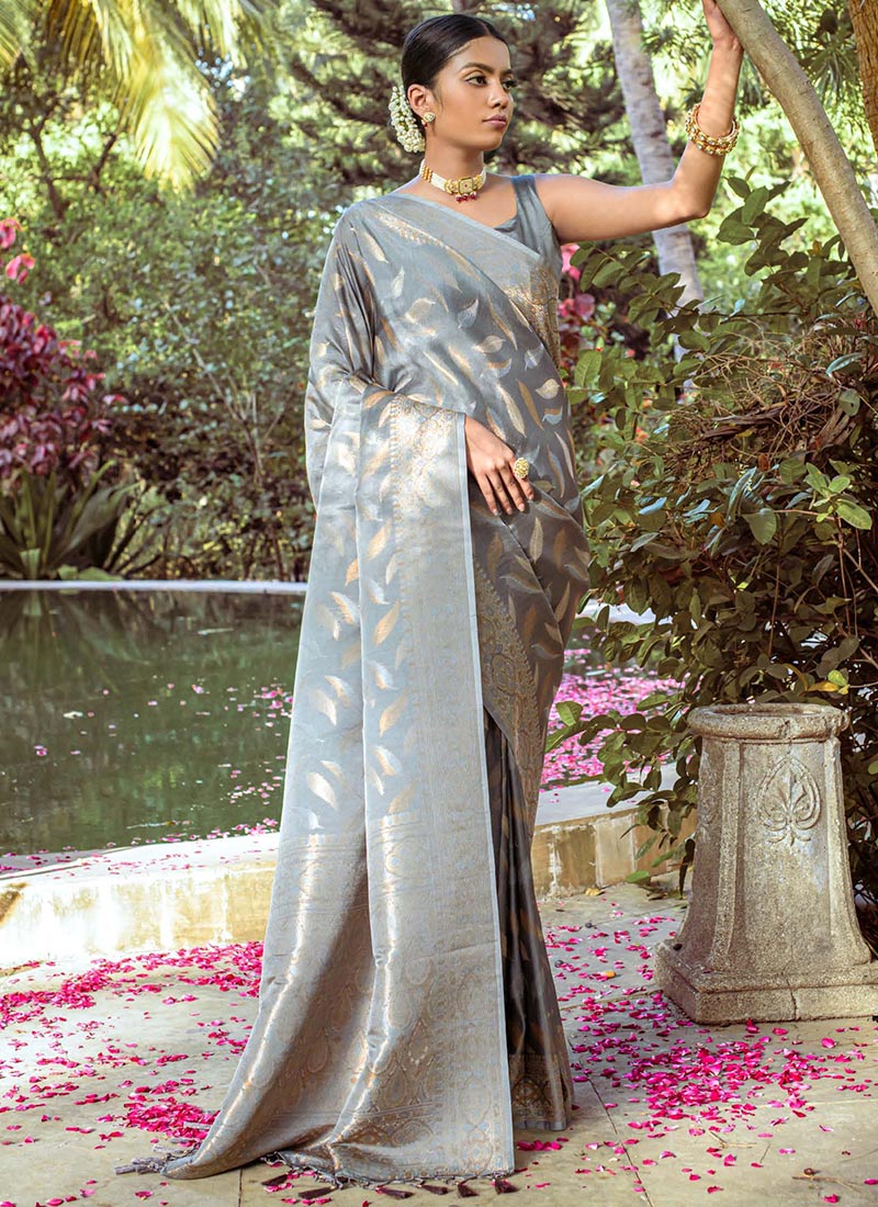 Buy Grey Silk Zari Woven Saree Festive Wear Online at Best Price | Cbazaar