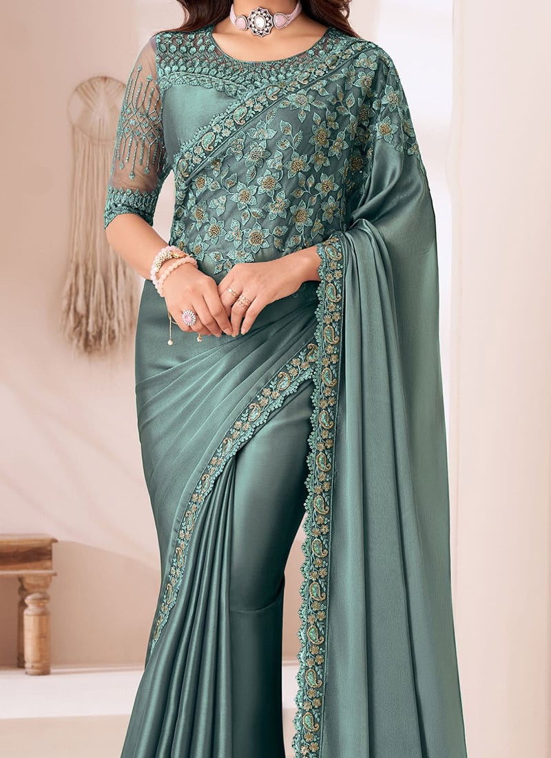 Shop Greyish Blue Embroidered And Sequins With Beads Thread Work Saree ...