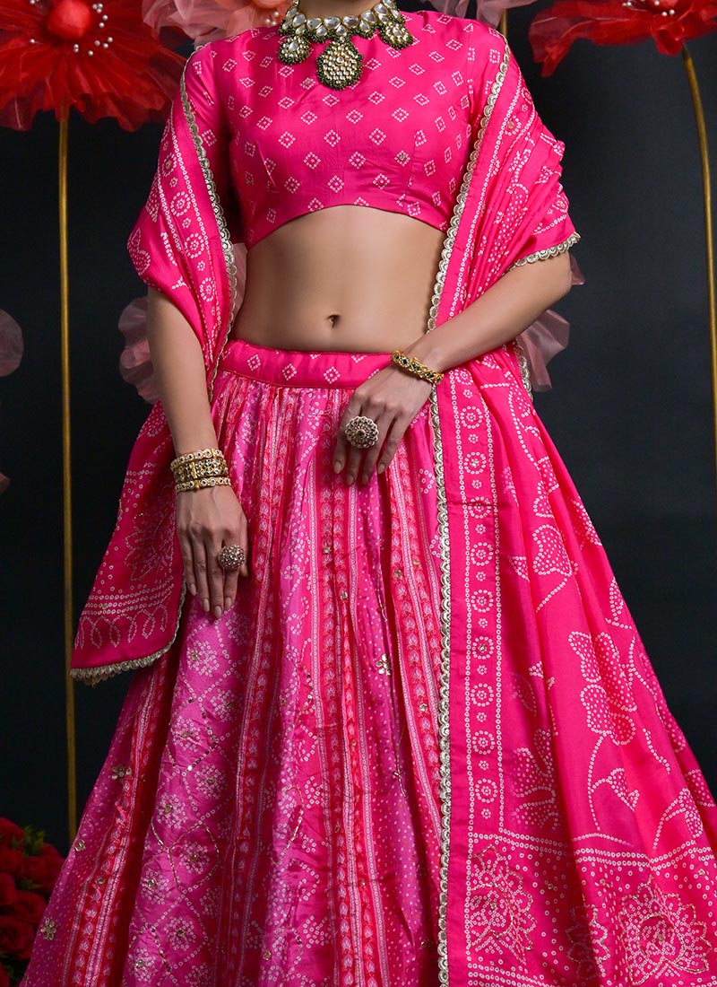 Shop Hot Pink Russian Viscose Bandhani Print Zardosi Cutdana Sequins ...