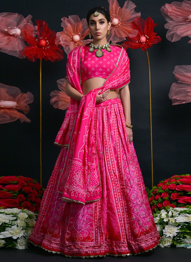 Shop Hot Pink Russian Viscose Bandhani Print Zardosi Cutdana Sequins ...