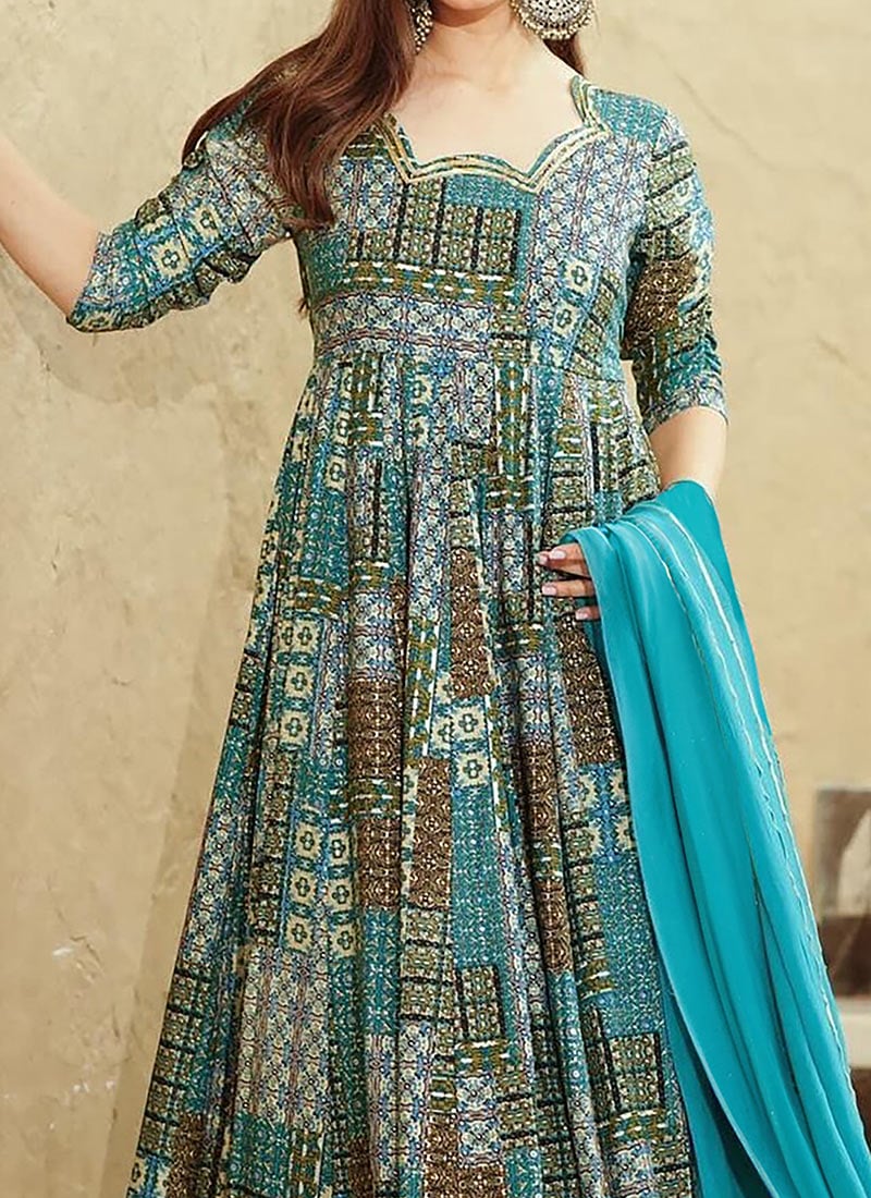 Buy Indian Casual Wear Anarkali Gown In Blue Rayon Digital Print With ...