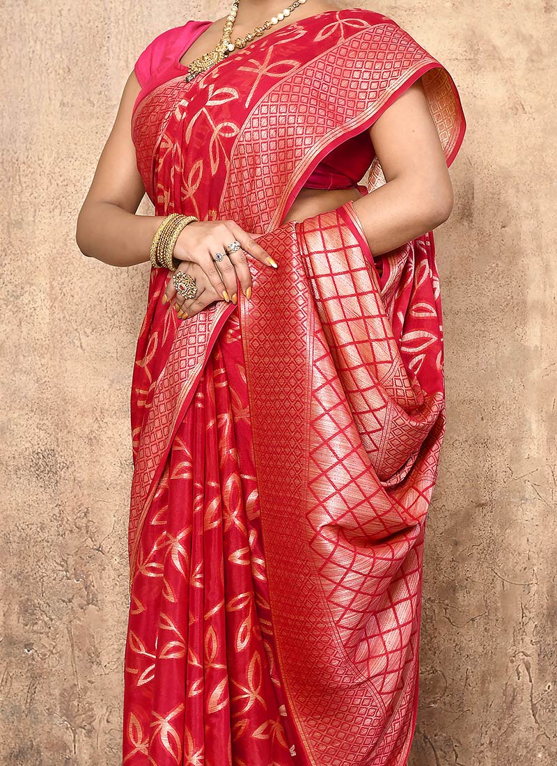 Buy Indian Traditional Red Pure Silk Woven Zari Saree Festive Wear ...