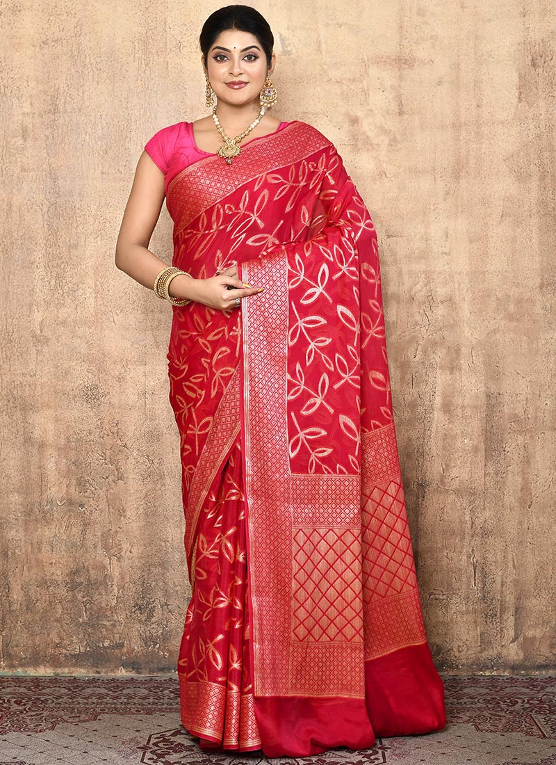 Buy Indian Traditional Red Pure Silk Woven Zari Saree Festive Wear ...