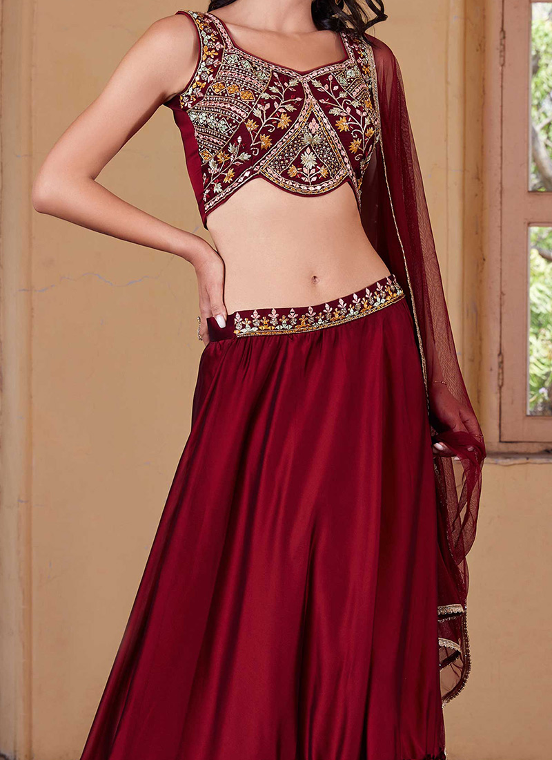 Shop Indian Wedding Dress Maroon Georgette A Line Lehenga Sequins Choli ...