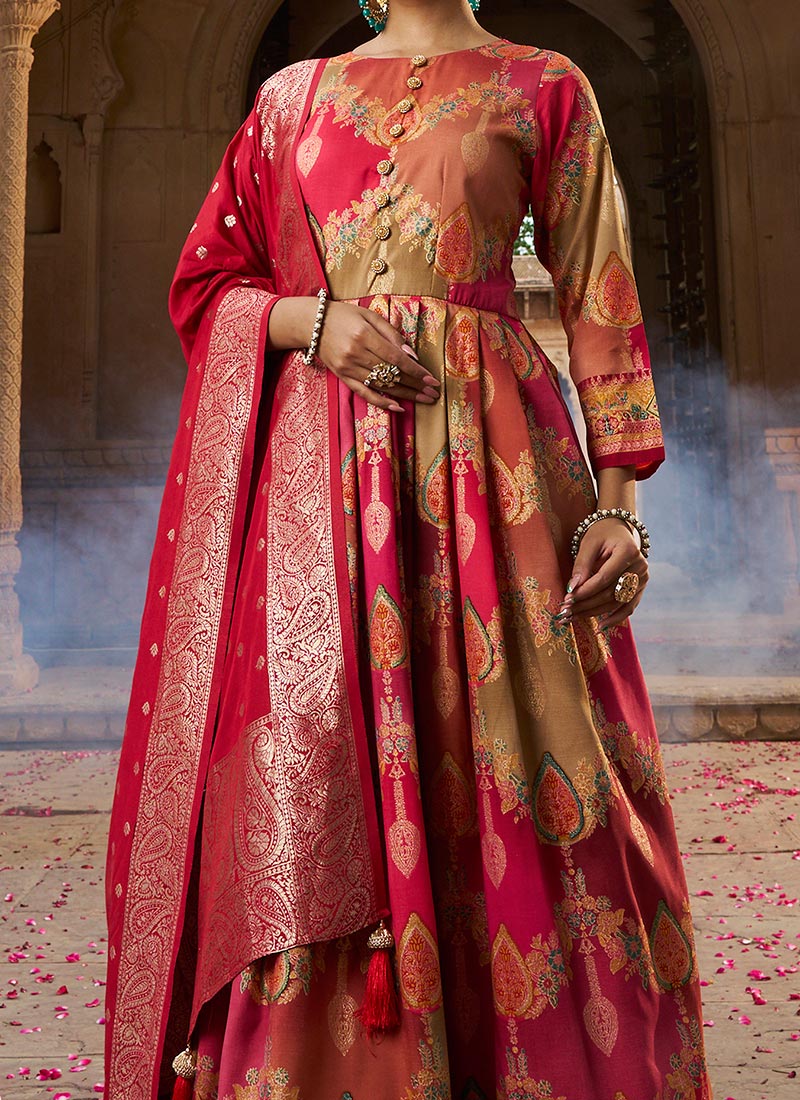 Buy Indian Women Anarkali Gown In Multicolor Silk Cotton Jacquard Print ...