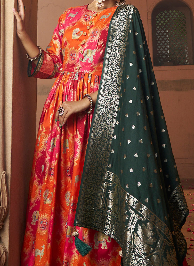 Shop Indian Women Anarkali Gown Orange Silk Cotton Jacquard Animal ...