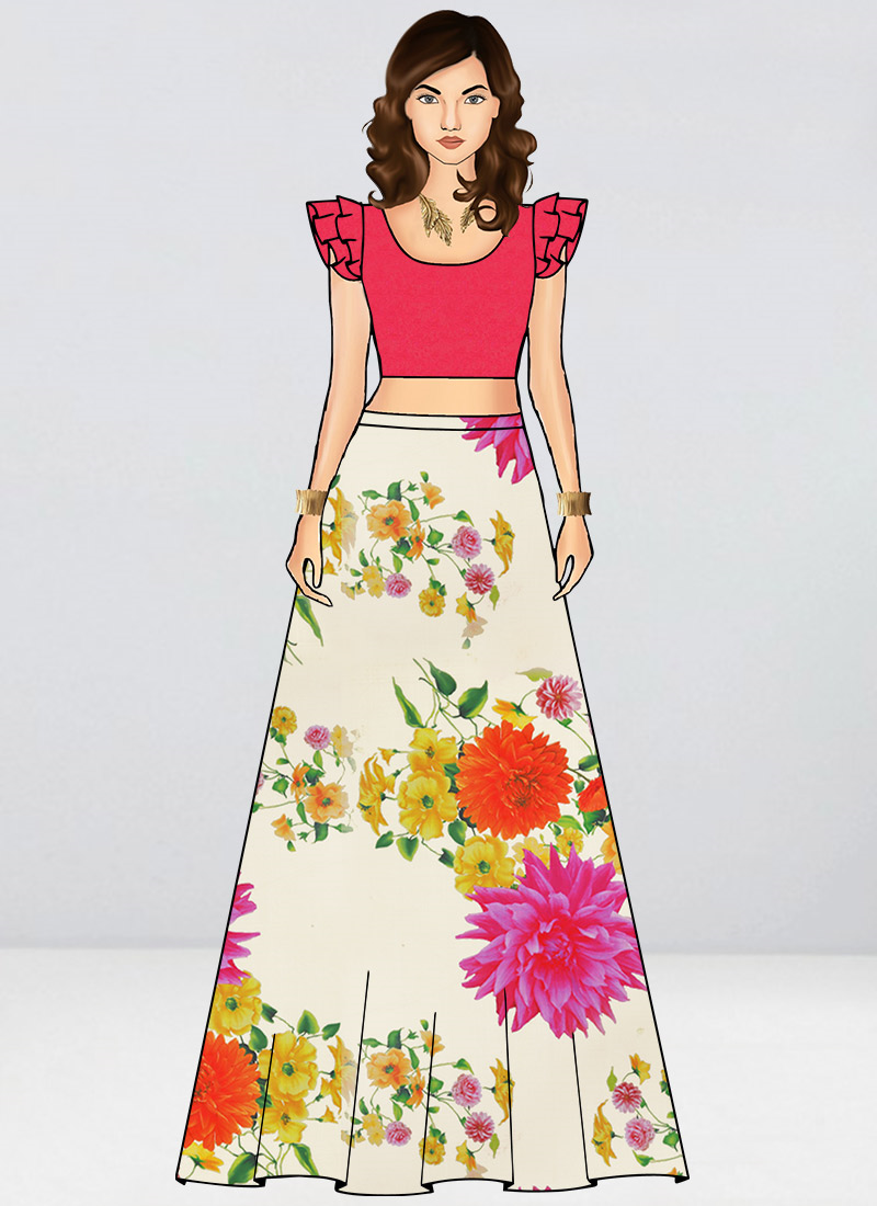 Shop Kids Girls Off White N Coral Pink Digital Printed Skirt Set Online ...