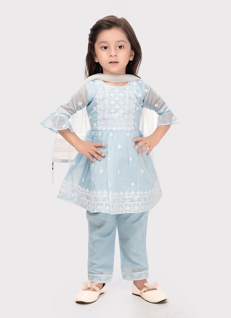 Shop Kids Sky Blue Cotton Embroidered Girls Straight Pant Suit With ...