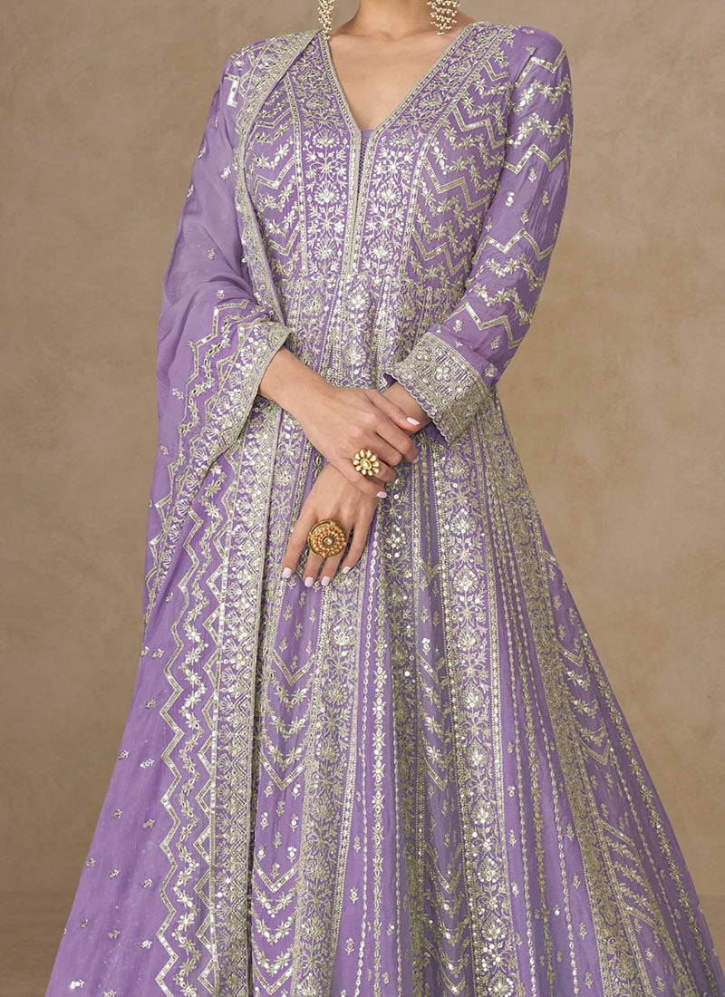 Shop Lavender Chinon Silk Zari And Embroidered Sequins A Line Anarkali ...