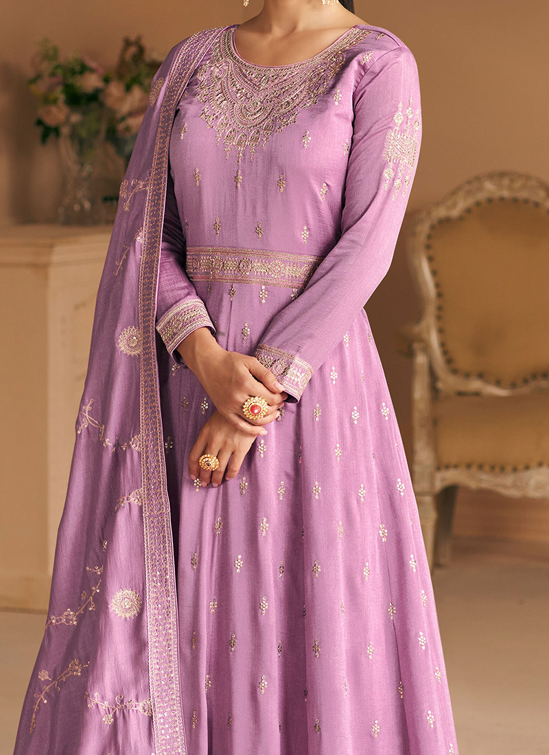 Buy Lavender Embroidery Sequins Silk Anarkali Festive Wear Online at ...