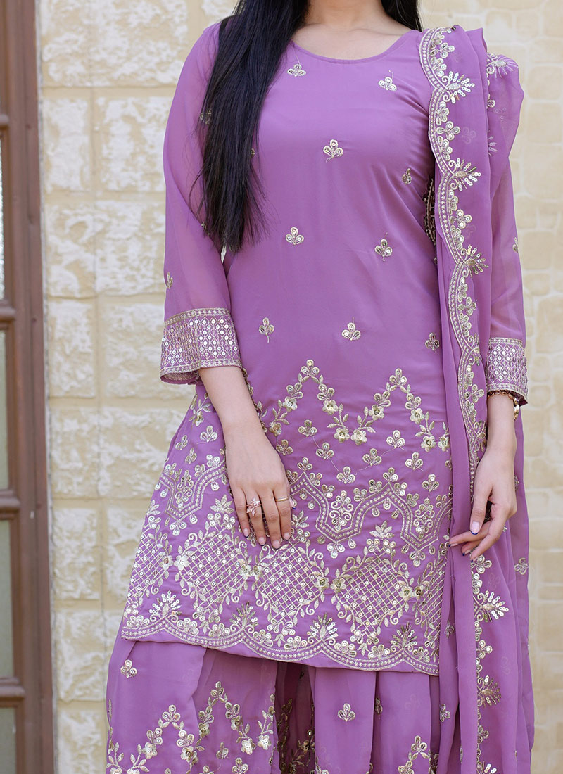 Buy Lavender Faux Georgette Embroidered Sequins Palazzo Suit Festive ...