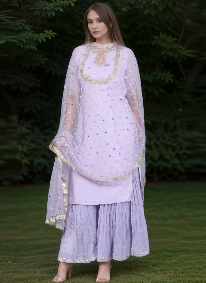 Buy Lavender Georgette Lace Work Sharara Suit With Hand Embroidered ...