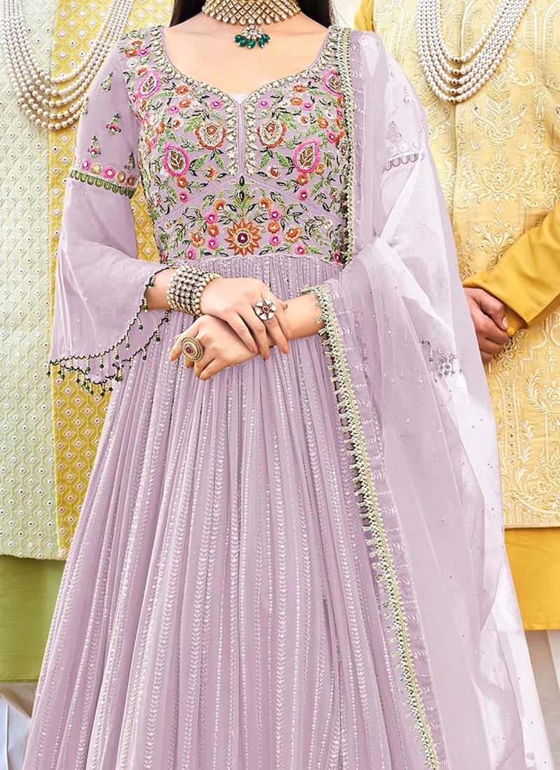 Shop Lavender Georgette Embroidered Designer Anarkali Suit Festive Wear ...