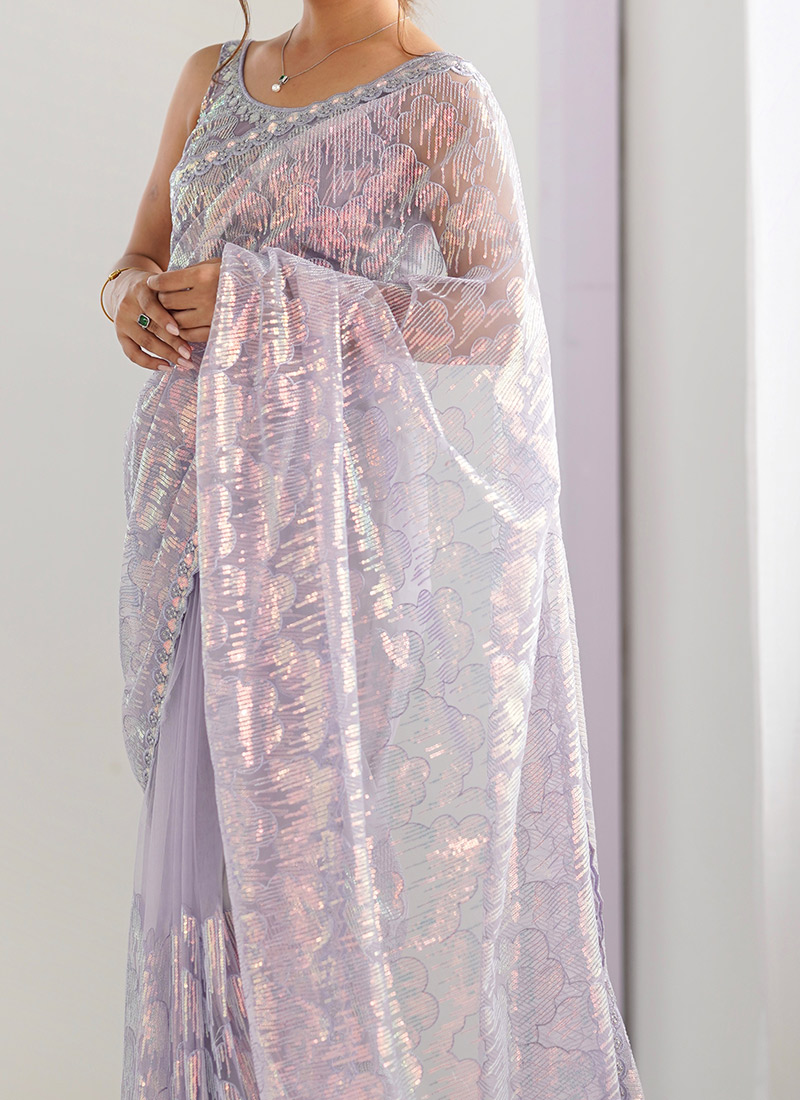 Buy Lavender Net Embroidered Sequins Ravishing Saree Festive Wear ...