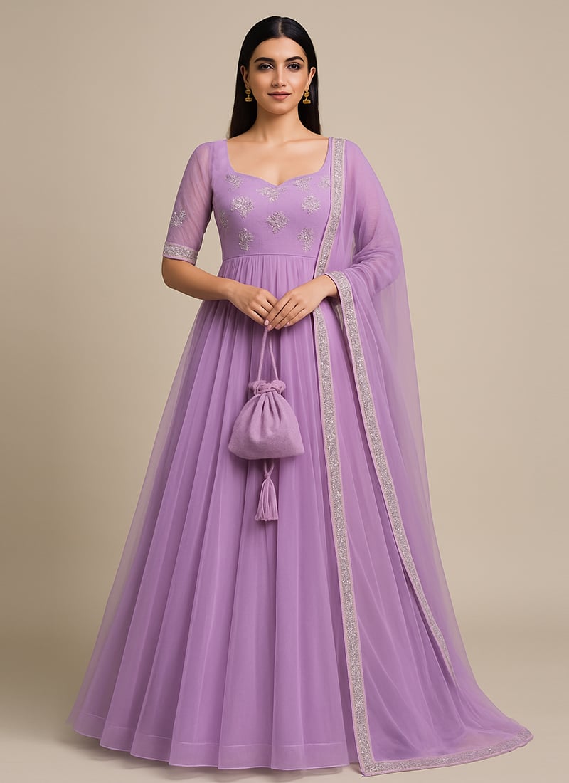 Shop Lavender Net Zari Zardosi Hand Work Anarkali Suit Festive Wear in ...