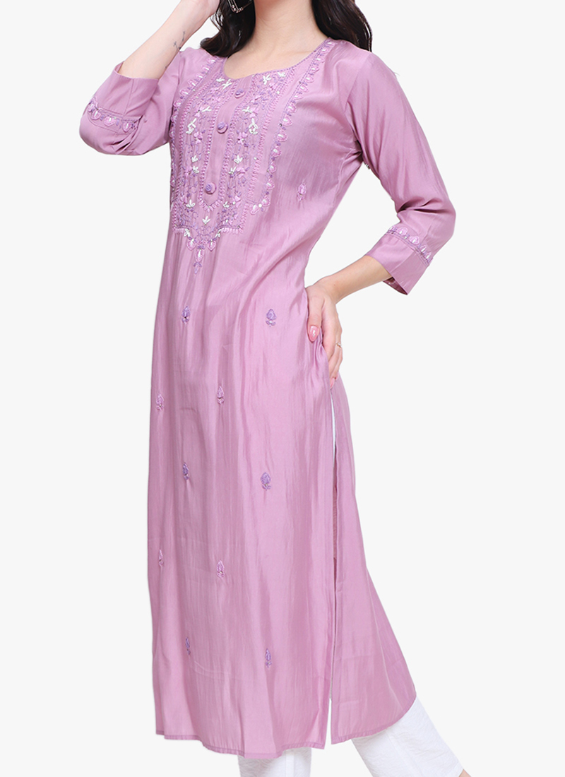 Buy Lavender Silk Embroidered Knee Length Kurti For Simple Evening Wear After Six Wear Online at ...