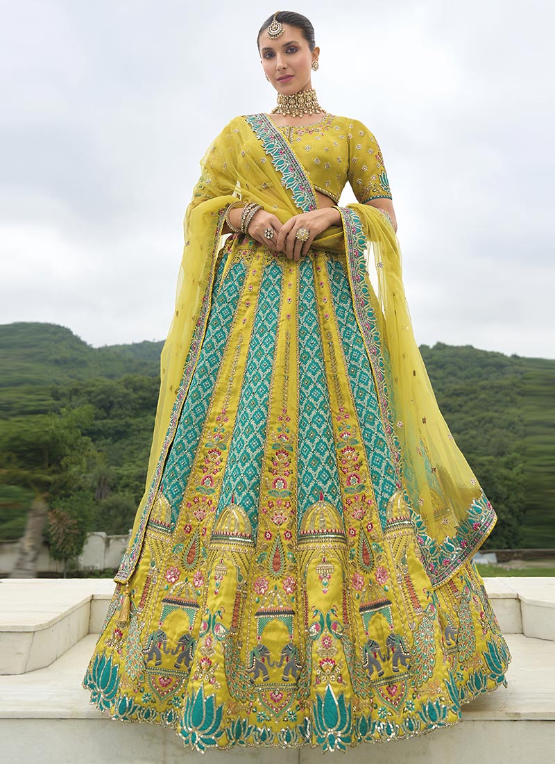 Buy Lemon Yellow Silk Zari Thread Embroidered Sequins Gorgeous Lehenga ...