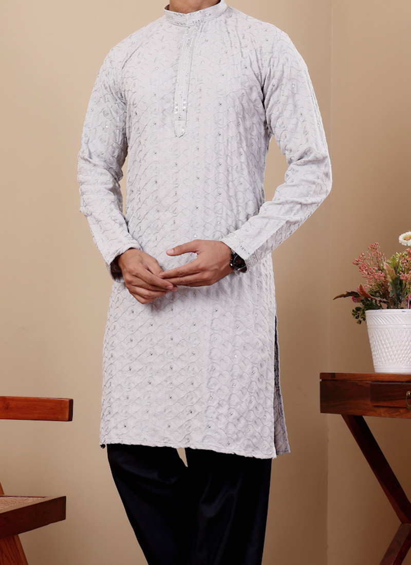 Buy Light Blue Linen Embroidered Kurta Pyjama Festive Wear Online at ...
