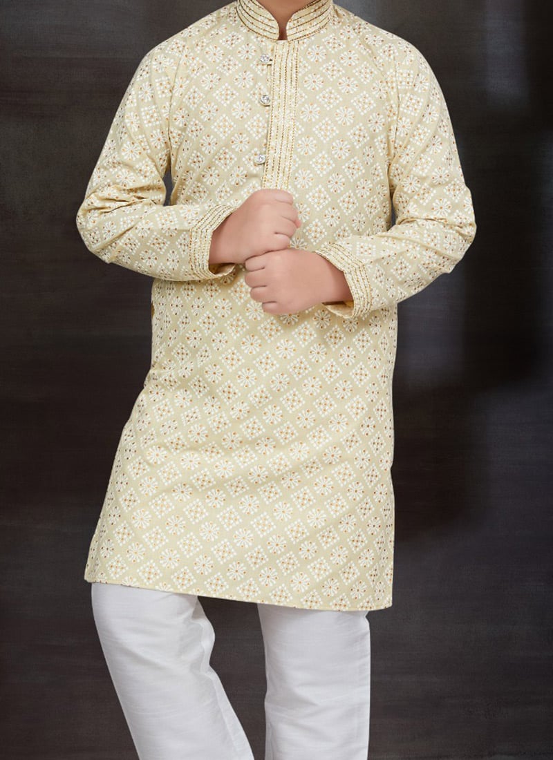 Buy Light Gold Blended Cotton Printed Kids Boys Kurta Pyjama Festive Wear Online at Best Price ...