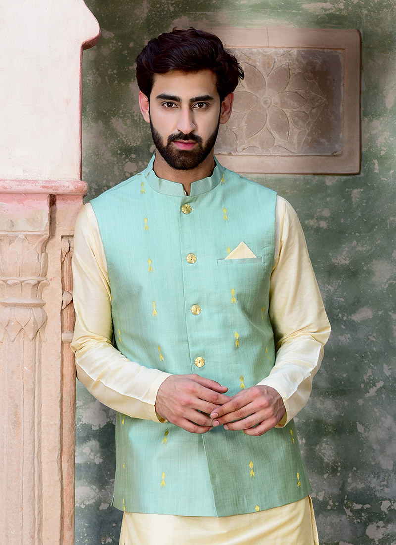 Buy Light Green Jacquard Woven Bandhgala Jacket Online at Best Price ...