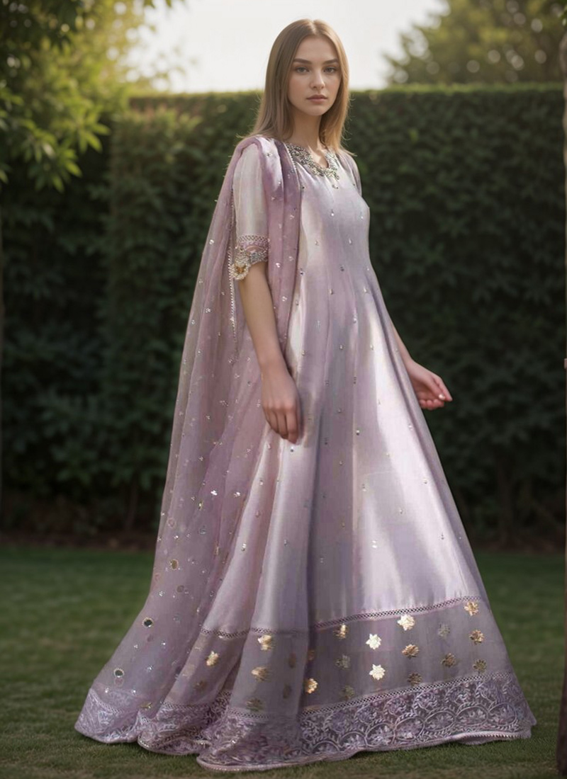Shop Light Lavender Silk Cut Dana And Sequins Work Anarkali Suit ...