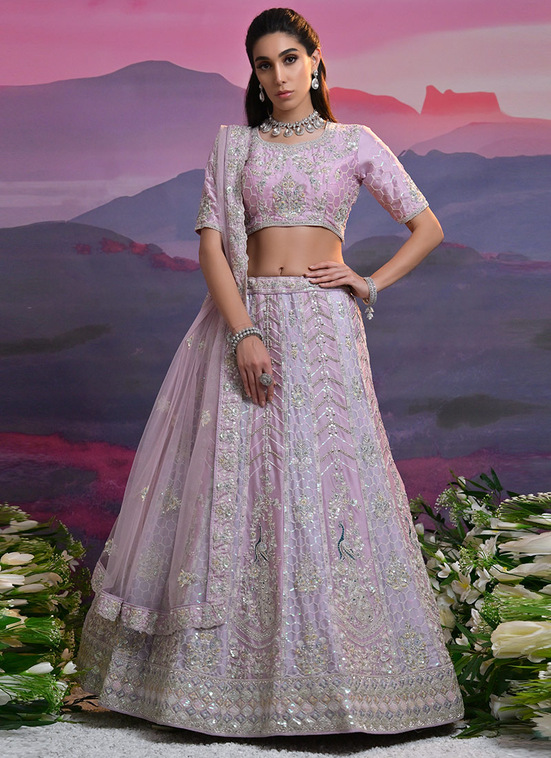 Shop Light Lavender Slim Georgette Zari Embroidered Sequins With Stone ...