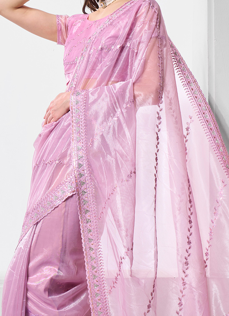 Shop Light Lavender Tissue Net Embroidered Stone Work Saree Festive ...