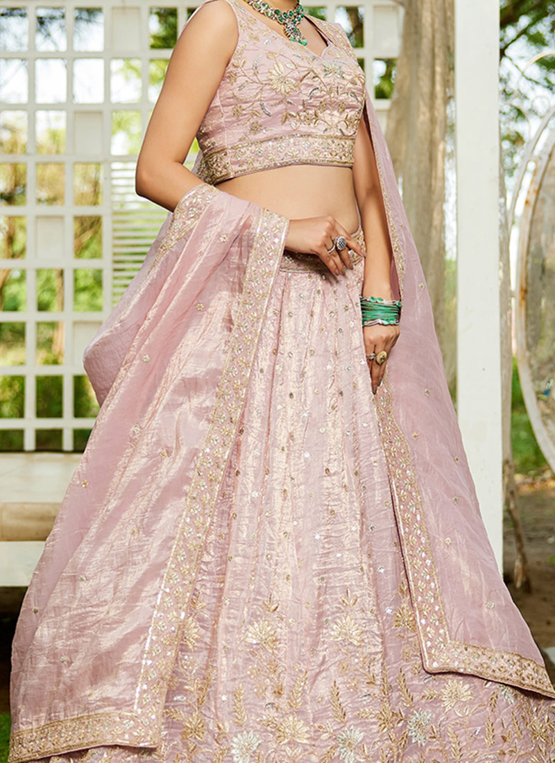 Shop Light Mauve Tissue Sequins Embroidered Zari Lehenga Set Wedding Wear in India - Cbazaar