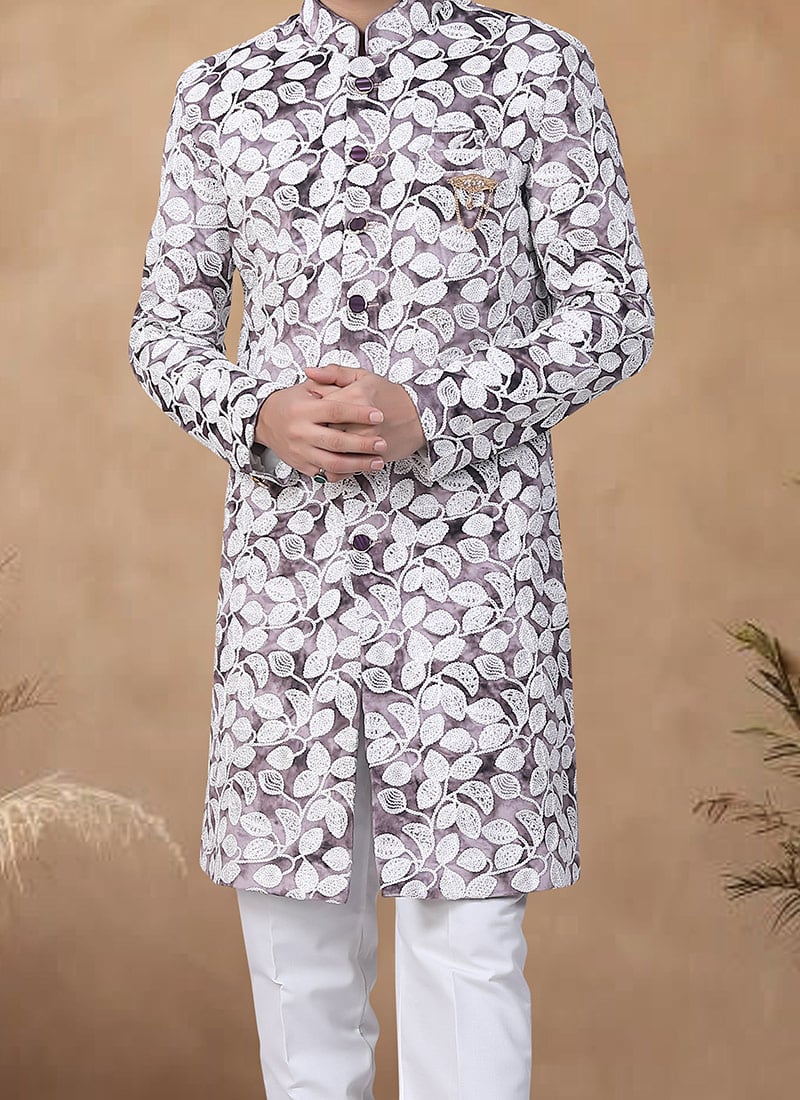 Shop Light Mauve Velvet Embroidered Thread Classic Sherwani Wedding ...