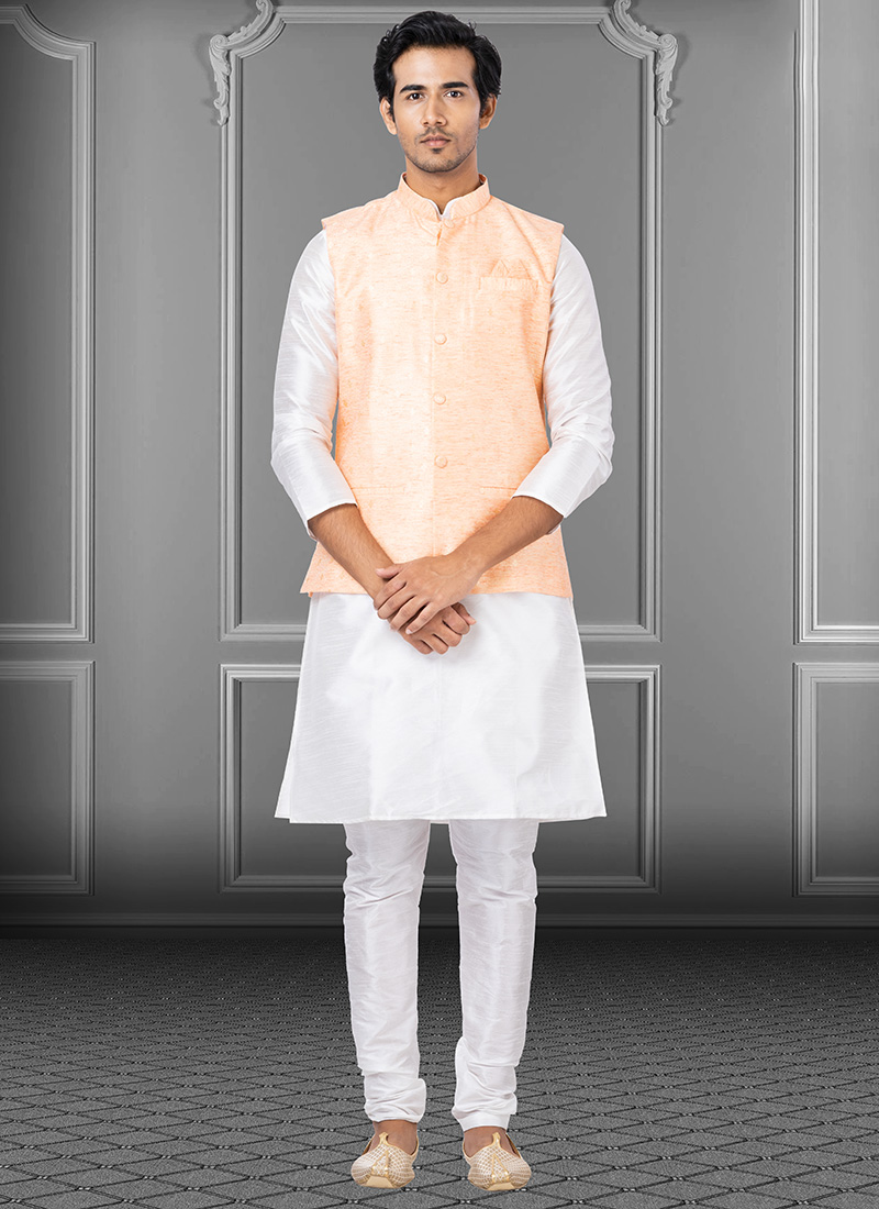 Shop Light Peach Linen Silk Bandi Set Party Wear in UK - Cbazaar