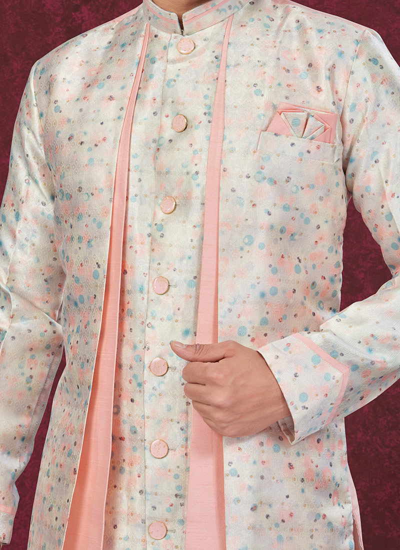 Shop Light Pink Zari Jackard Banarasi Silk Thread Work Indowestern ...