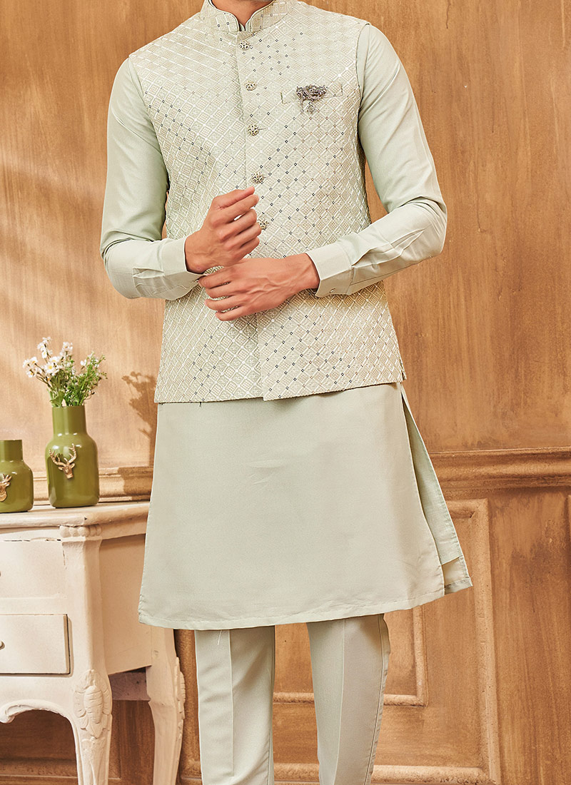 Shop Light Pista Silk Embroidered Sequins Bandi Set Festive Wear Online ...