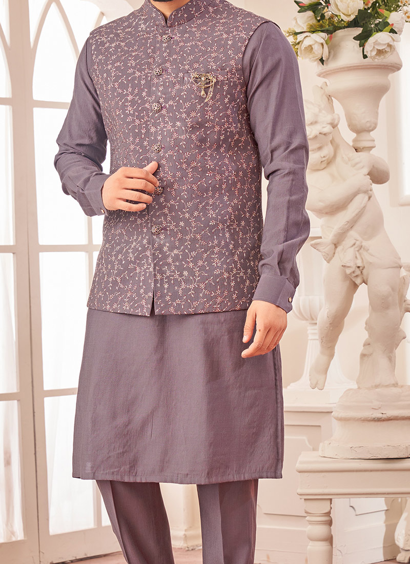 Shop Light Purple Silk Embroidered Bandi Set Festive Wear in UK - Cbazaar
