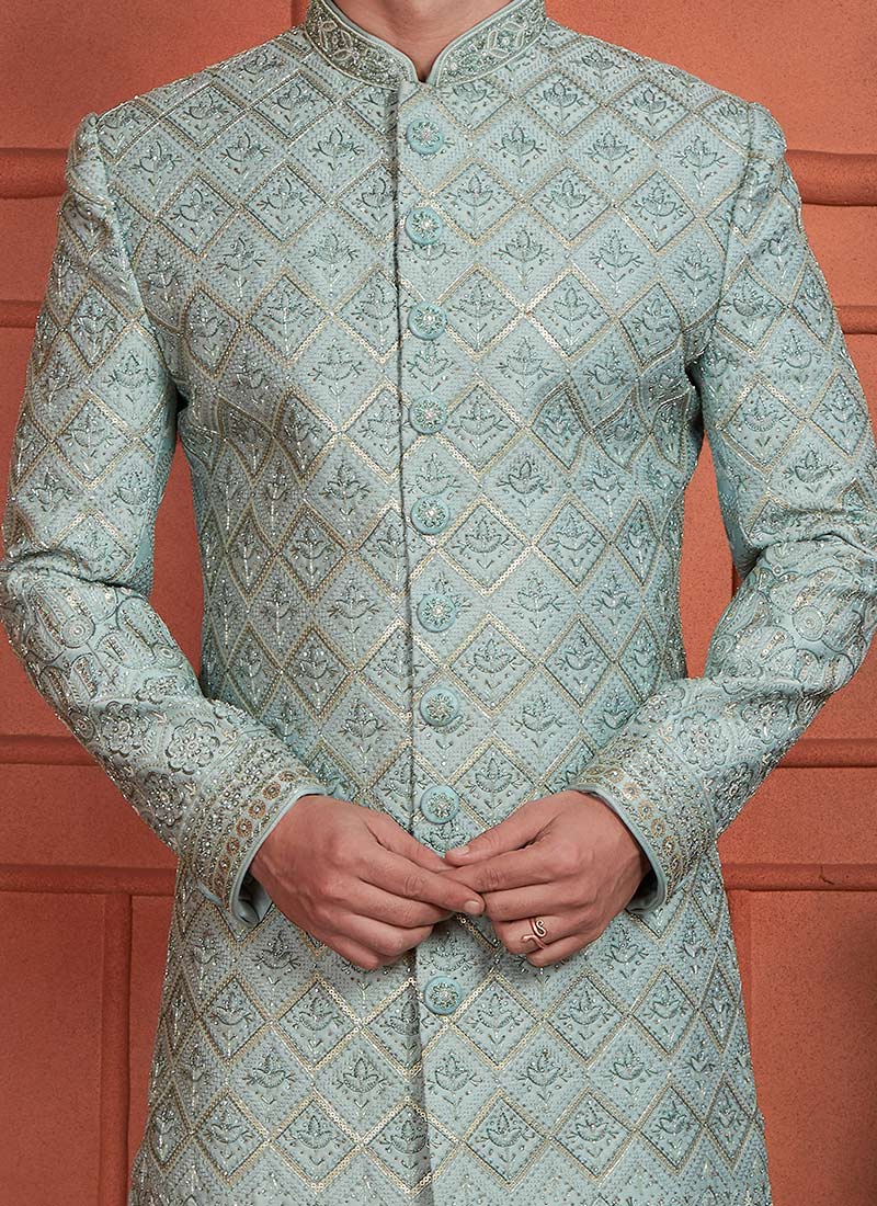 Shop Light Teal Silk Thread Hand Work Classic Sherwani For Men Wedding ...
