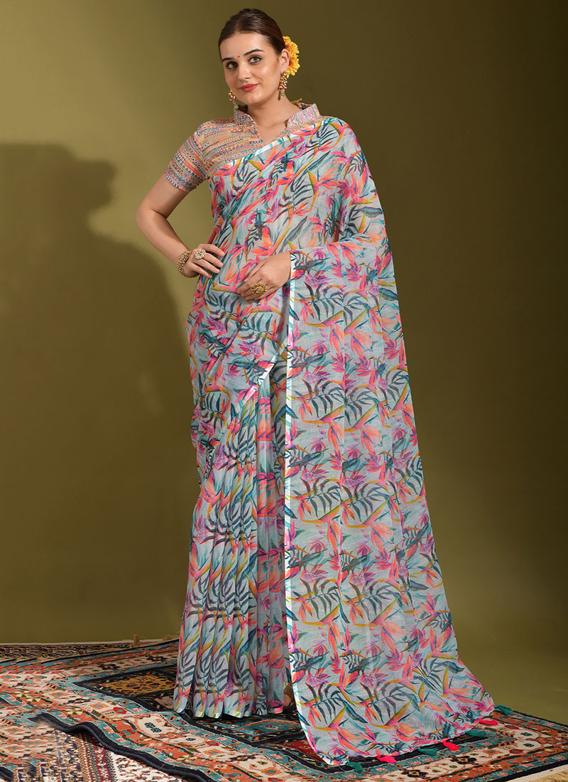 Shop Light Turquoise Linen Digital Printed Traditional Saree After Six ...